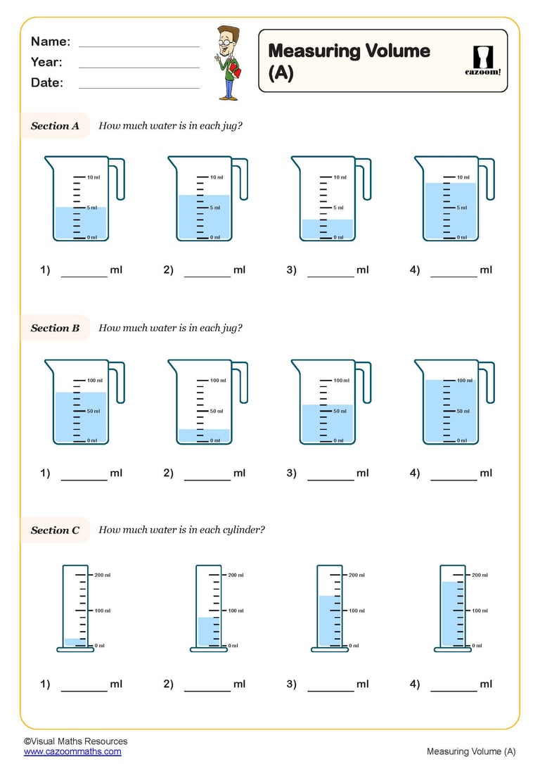 Measuring Volume (A) Worksheet | Key Stage 1 PDF Measurement Worksheets