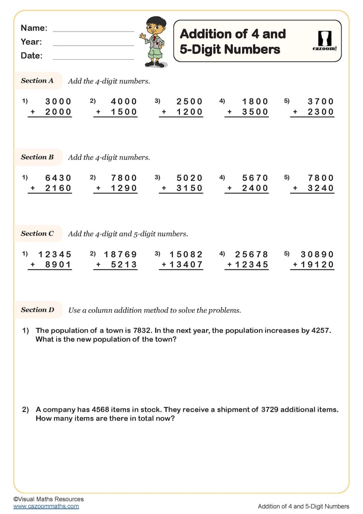 Addition of 4 and 5-digit Numbers Worksheet | Key Stage 2 PDF Number ...