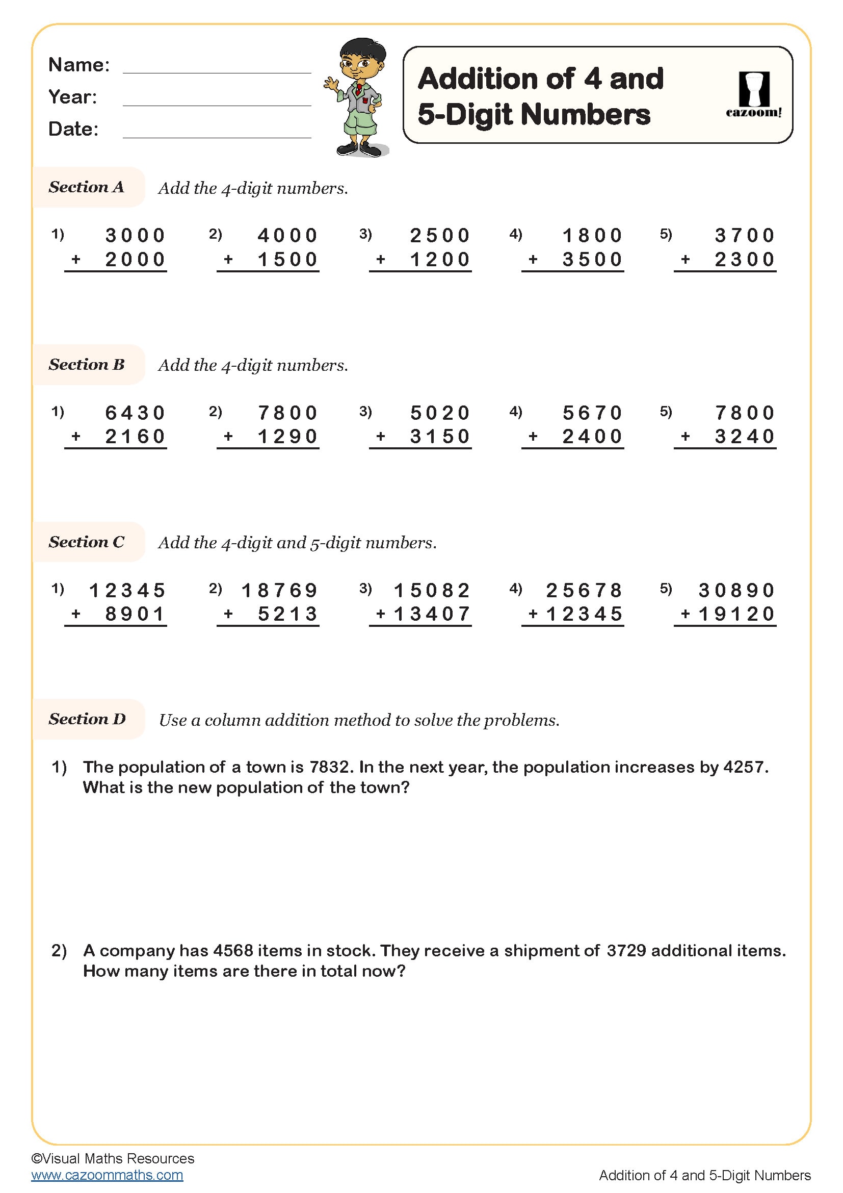 Addition of 4 and 5-digit Numbers Worksheet | Key Stage 2 PDF Number ...