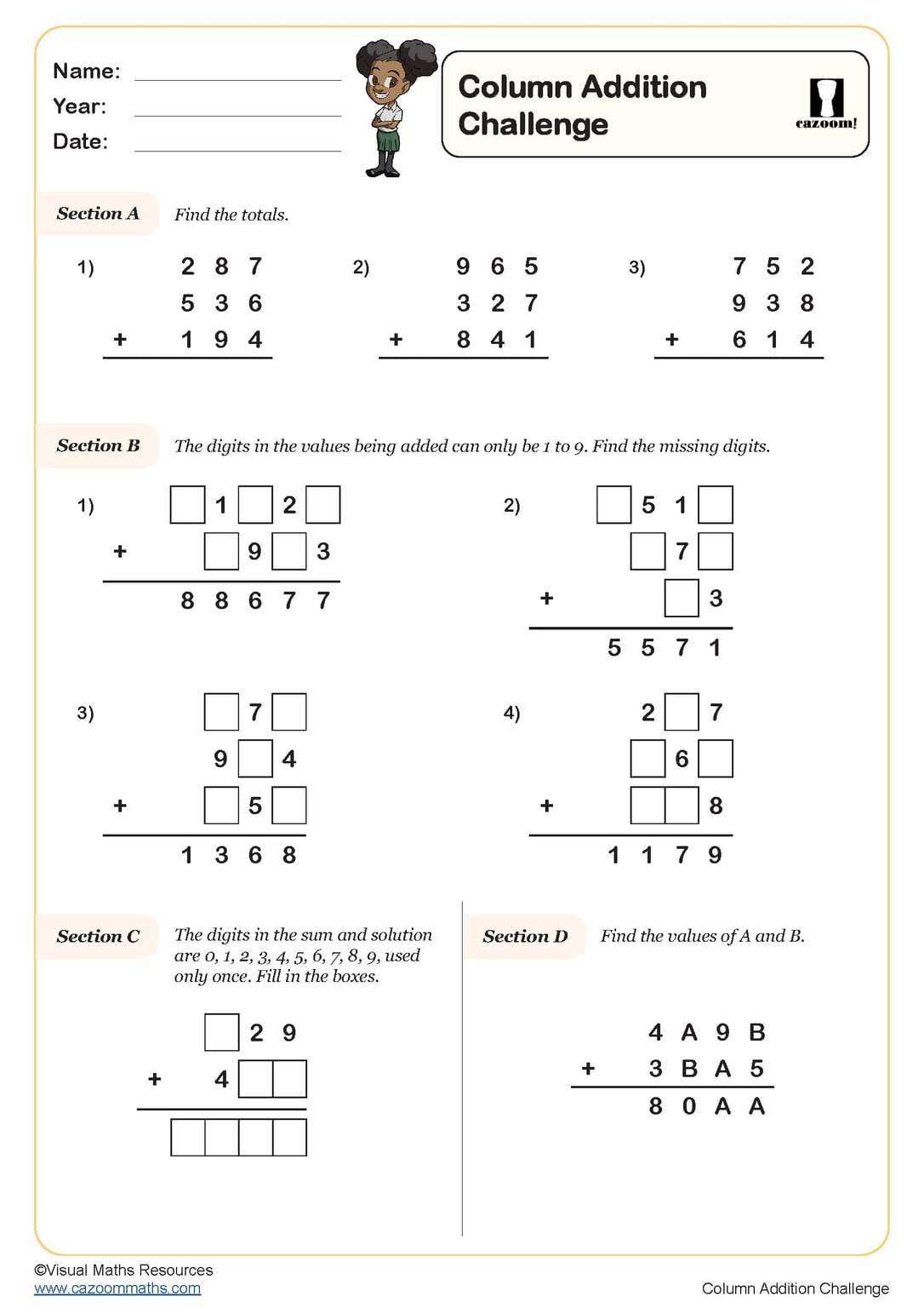 Column Addition Challenge Worksheet | Key Stage 2 PDF Addition Worksheets