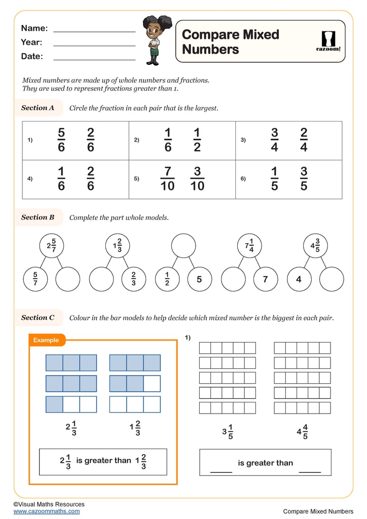 Compare Mixed numbers Worksheet | PDF printable Number Worksheets