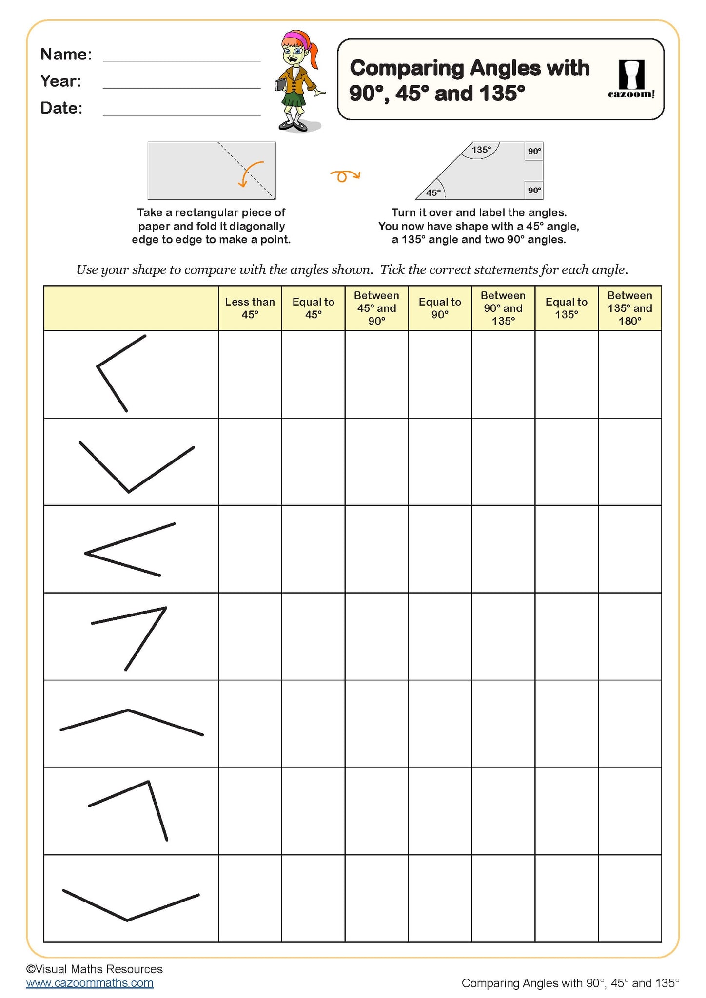 Comparing angles with 90 degrees, 45 degrees and 135 degrees Worksheet ...