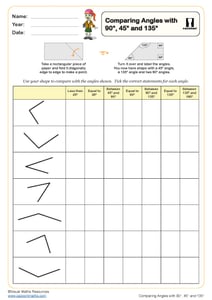 Comparing angles with 90 degrees, 45 degrees and 135 degrees Worksheet ...
