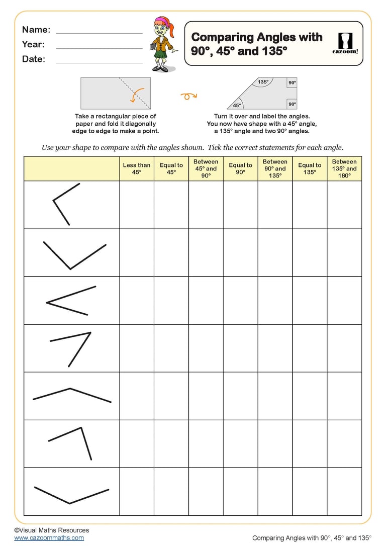 Comparing angles with 90 degrees, 45 degrees and 135 degrees Worksheet ...