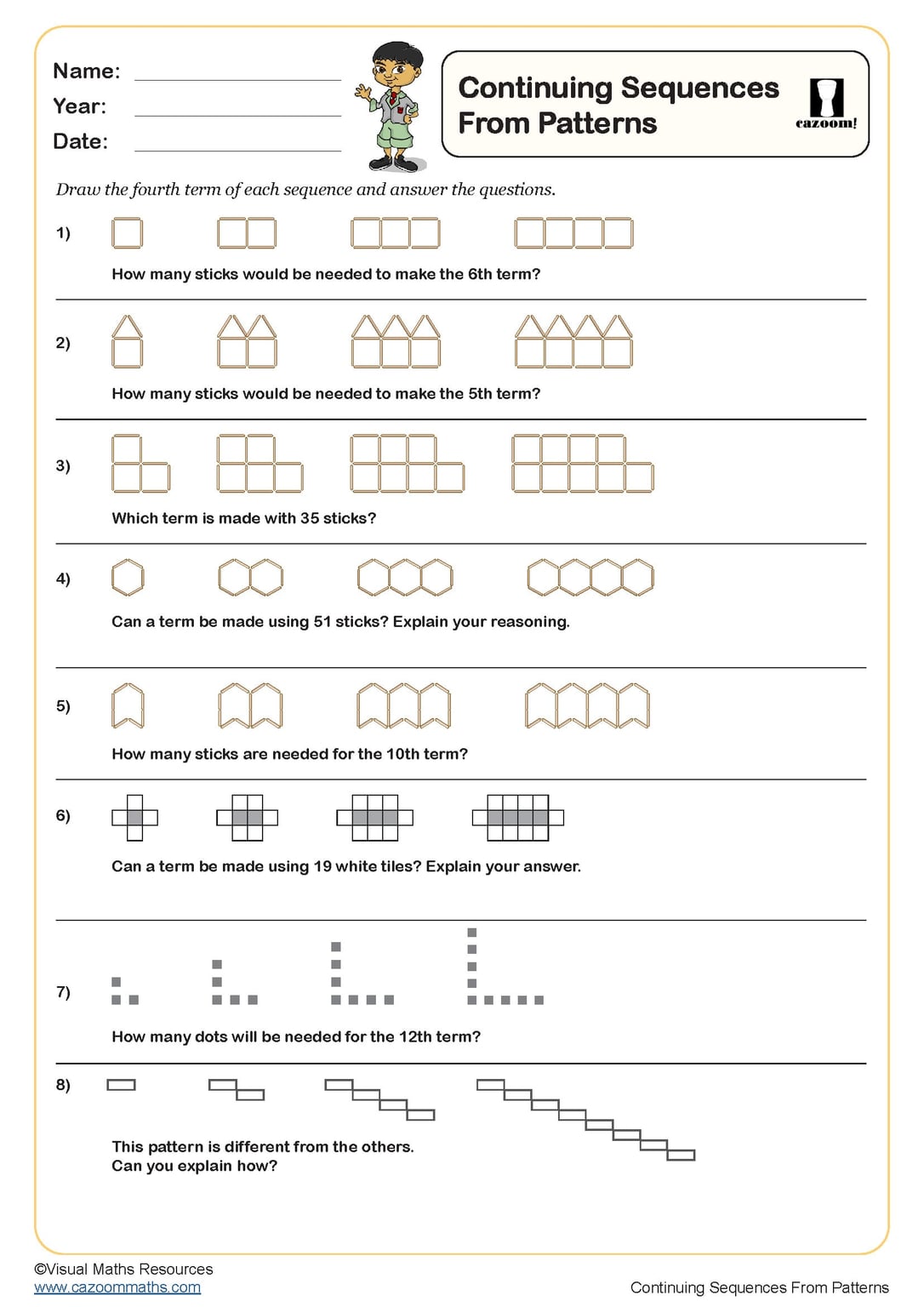 Continuing Sequences from Patterns Worksheet | PDF printable Algebra ...