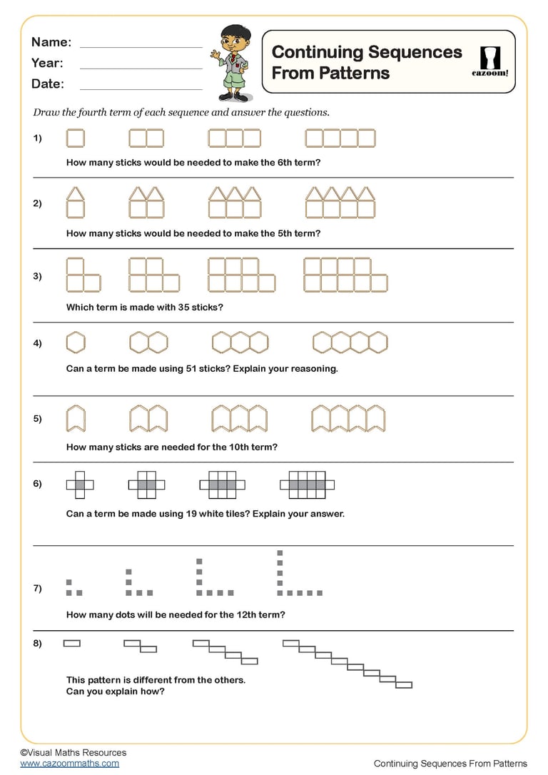 Continuing Sequences from Patterns Worksheet | PDF printable Algebra ...