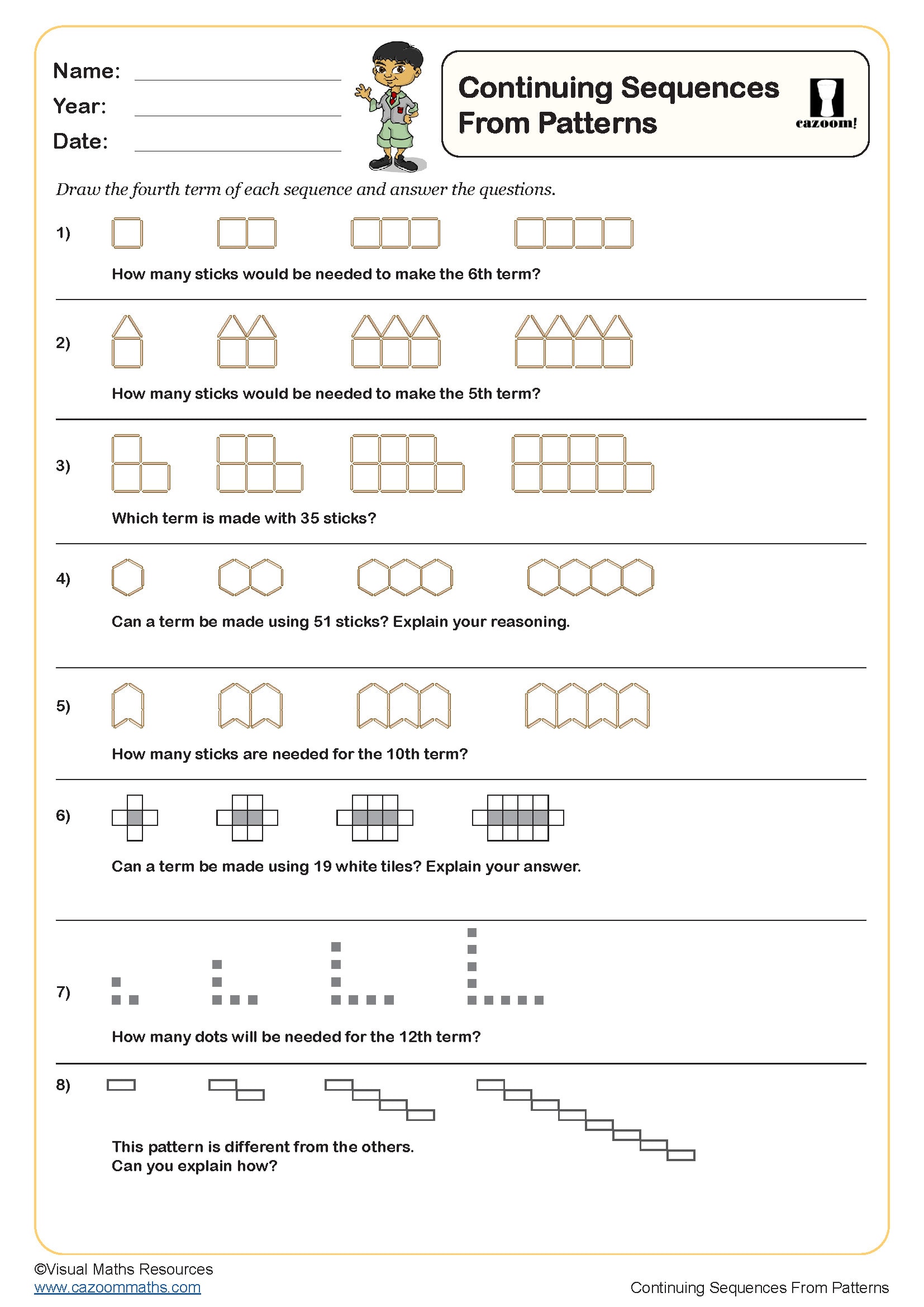 Continuing Sequences from Patterns Worksheet | PDF printable Algebra Worksheets