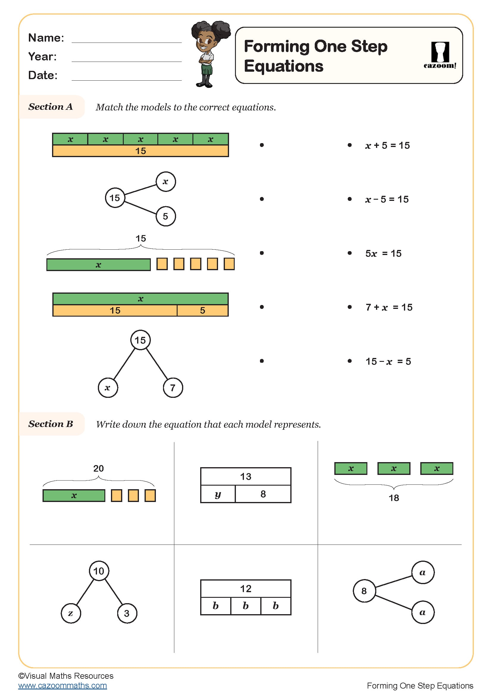 Forming and Solving Linear Equations: x + a = b and x – a = b Worksheet ...