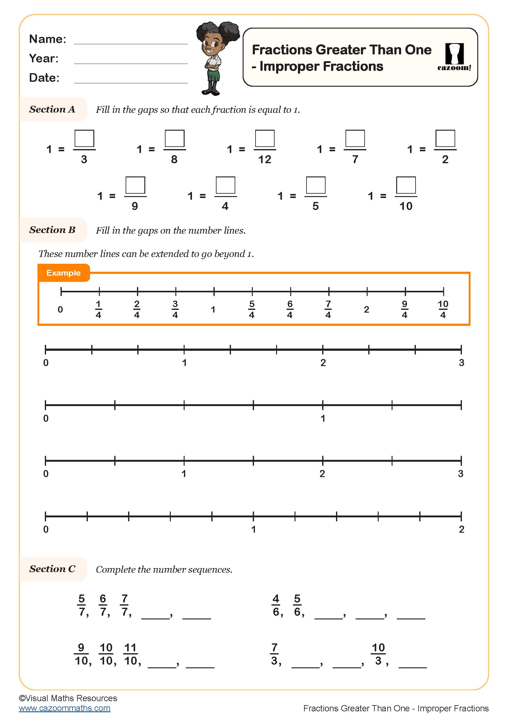 Fractions Greater Than One - Mixed Numbers and Improper Fractions ...