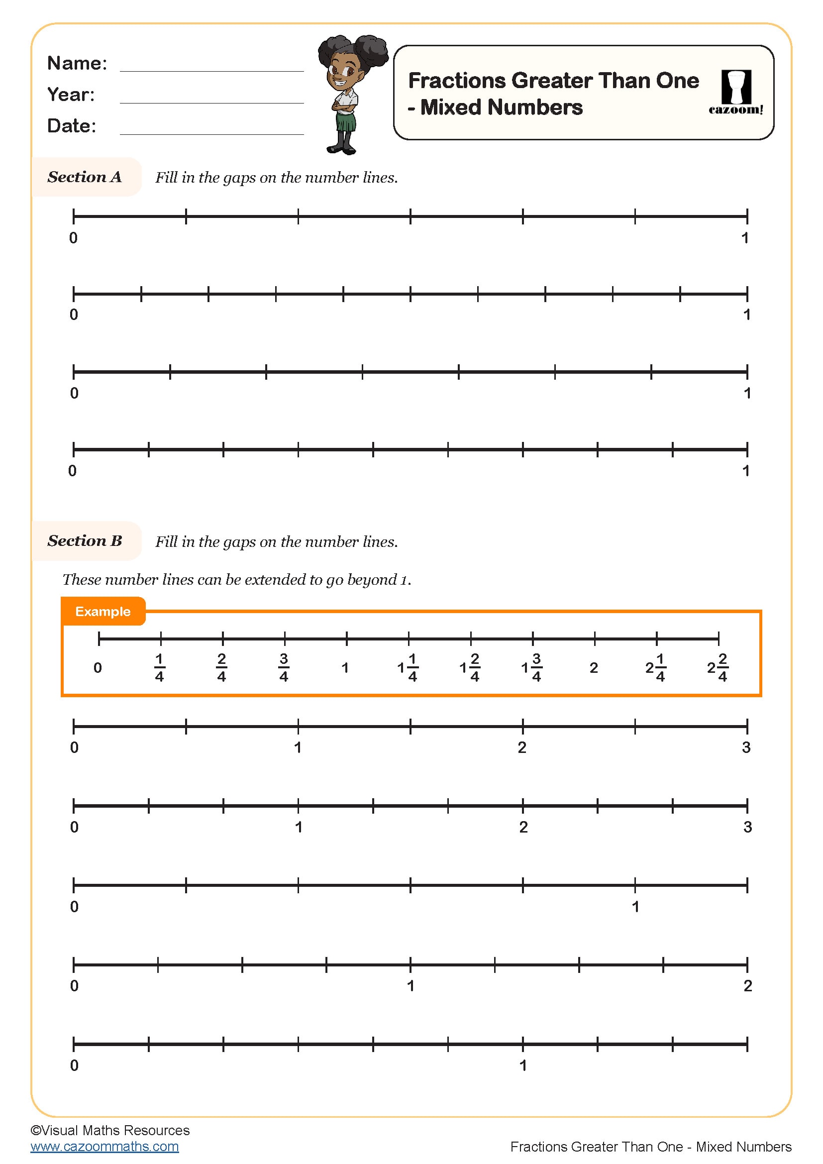 Fractions Greater Than One - Mixed Numbers and Improper Fractions ...
