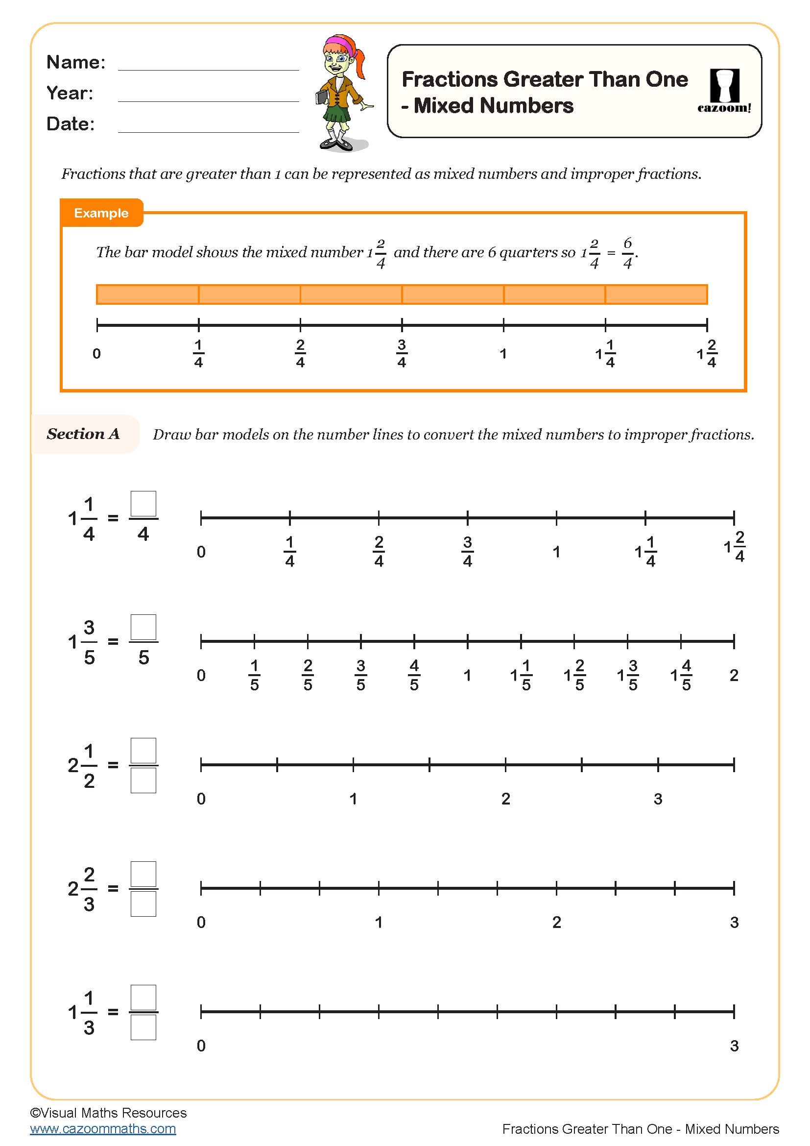 Fractions Greater Than One - Mixed Numbers and Improper Fractions ...