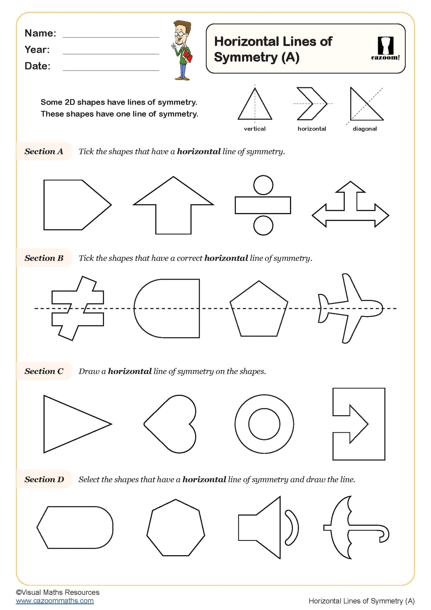 Horizontal Lines of Symmetry (A) Worksheet | Fun and Engaging Year 2 ...