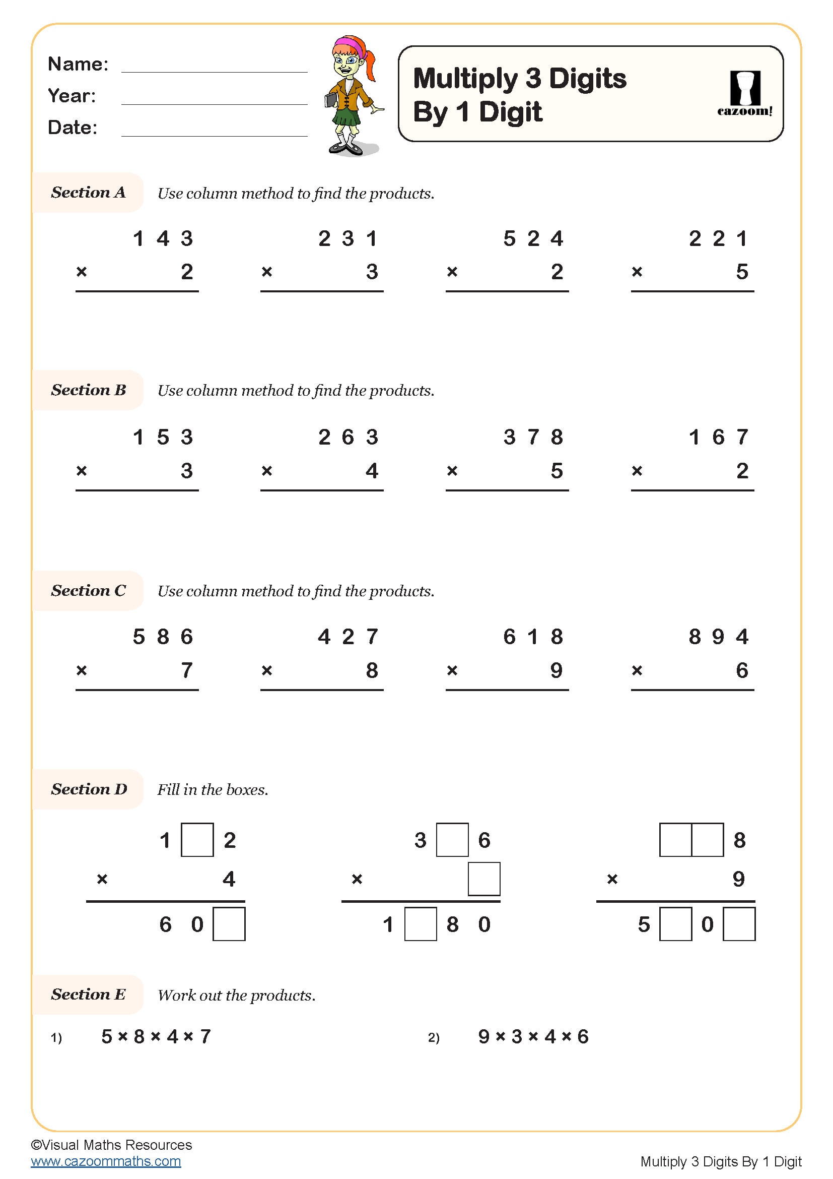 Multiplying 3 digits by 1 digit Worksheet | Key Stage 2 PDF Number ...