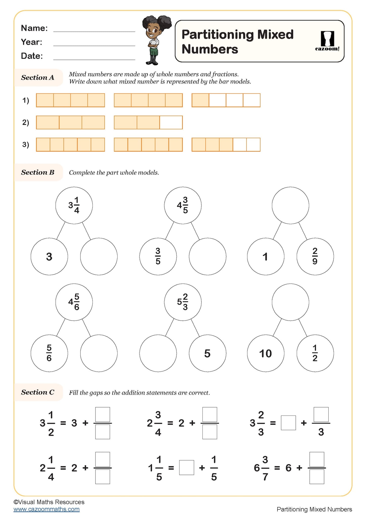 Partitioning Mixed Numbers Worksheet | Fun and Engaging Year 4 PDF ...