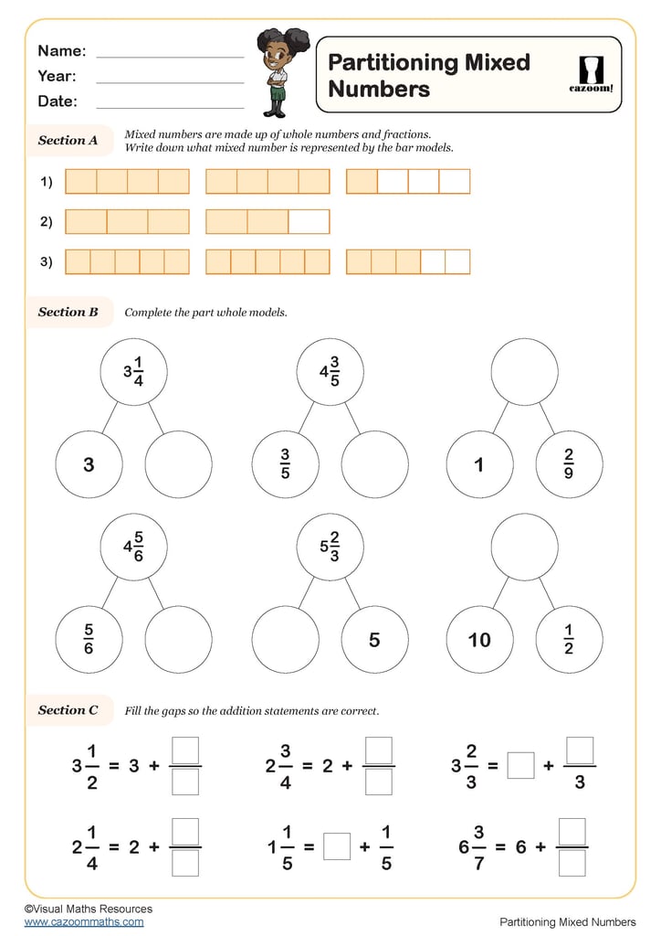 Partitioning Mixed Numbers Worksheet | Fun and Engaging Year 4 PDF ...