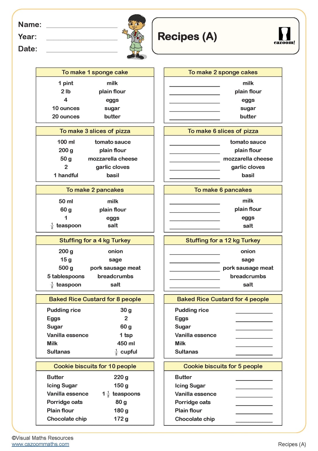 Recipes (A) Worksheet | Fun and Engaging Year 6 PDF Worksheets