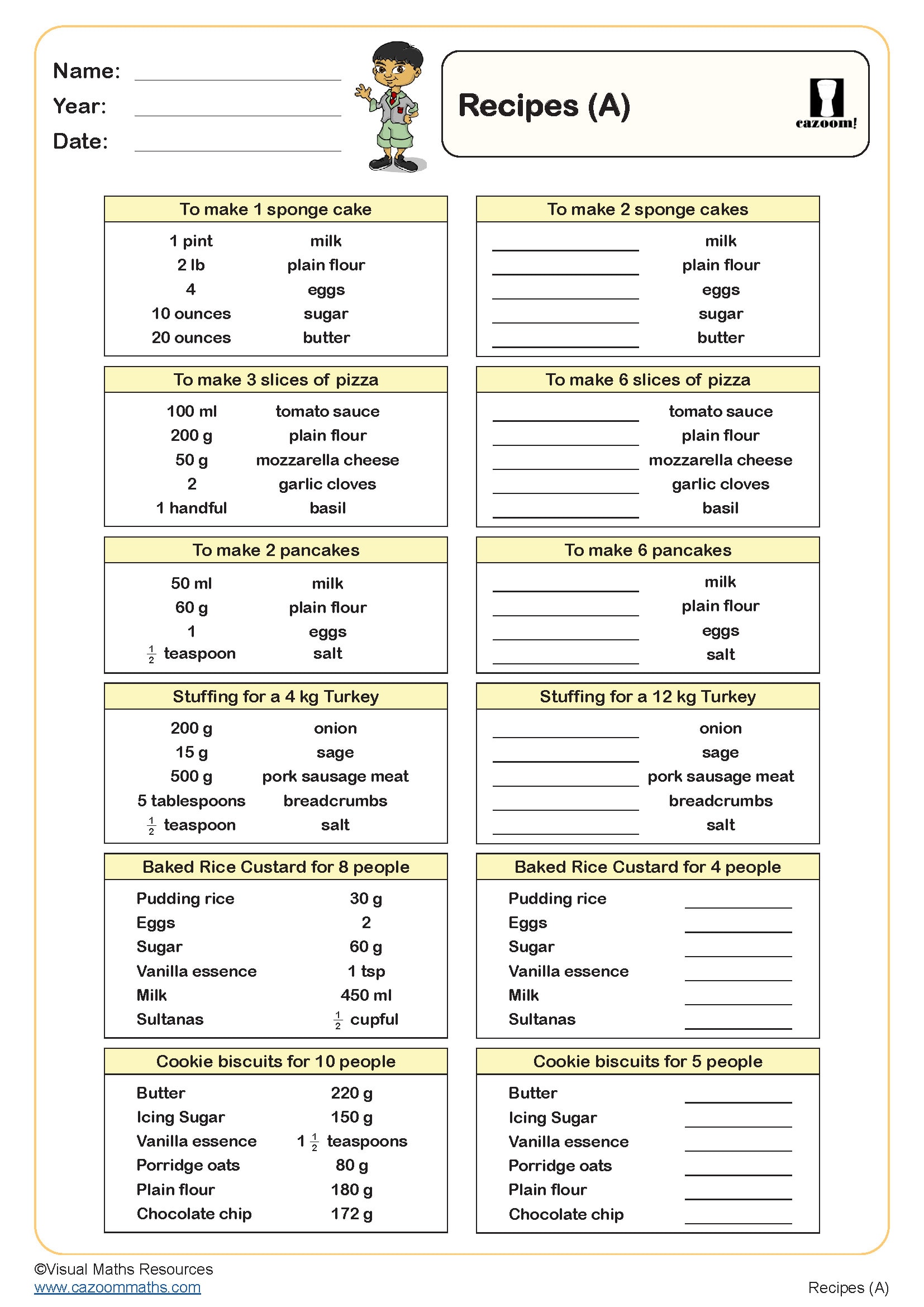 Recipes (A) Worksheet | Fun and Engaging Year 6 PDF Worksheets