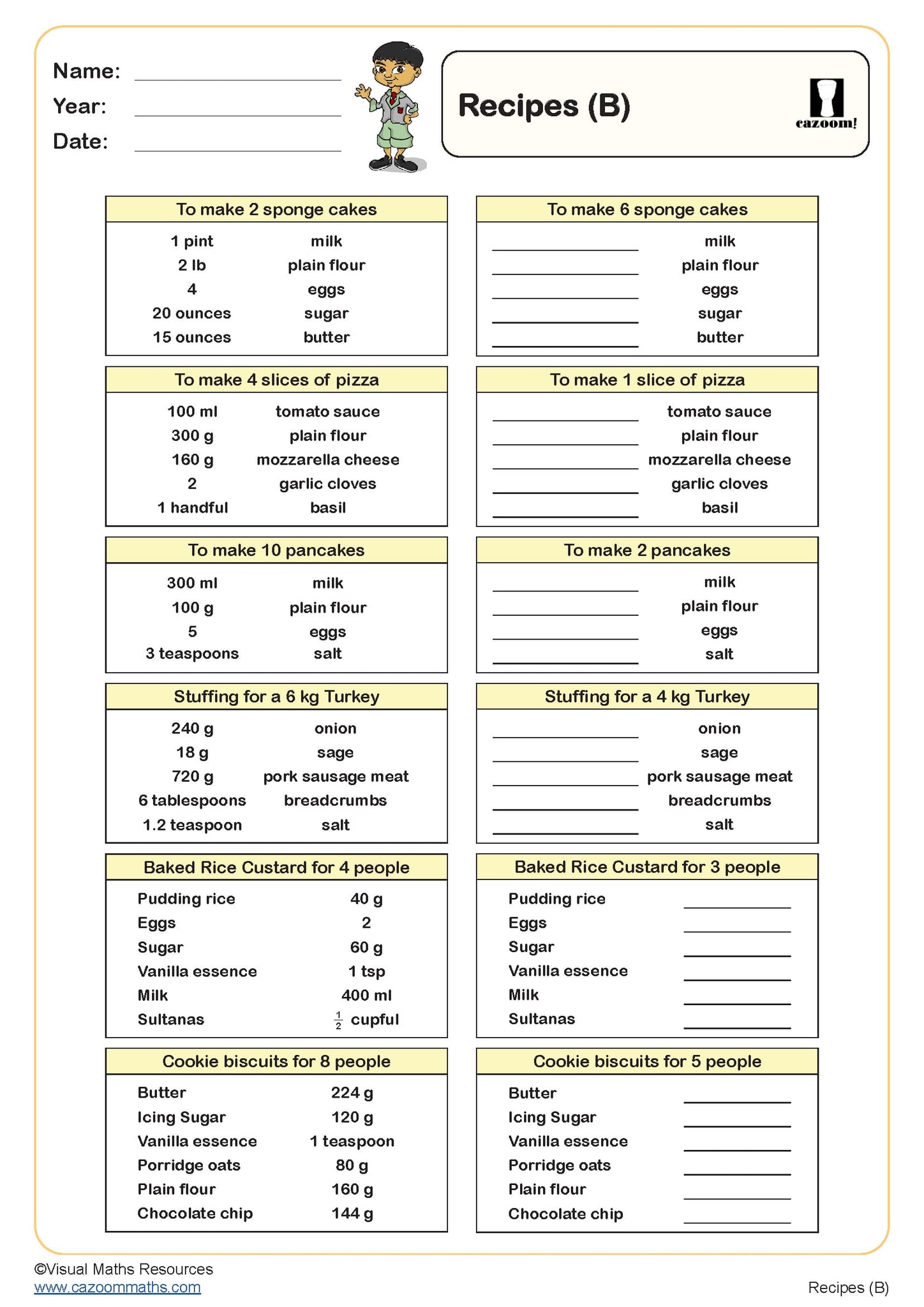 Recipes (B) Worksheet | PDF printable Number Worksheets