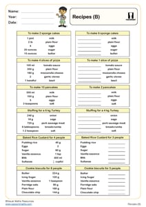Recipes (B) Worksheet | PDF printable Number Worksheets