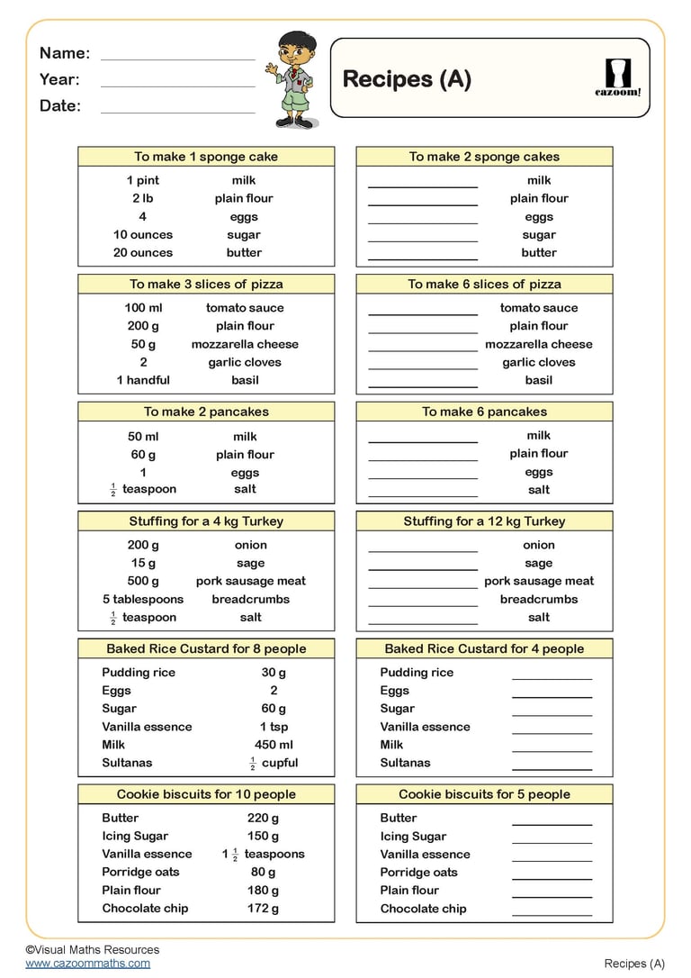 Recipes (B) Worksheet | PDF printable Number Worksheets