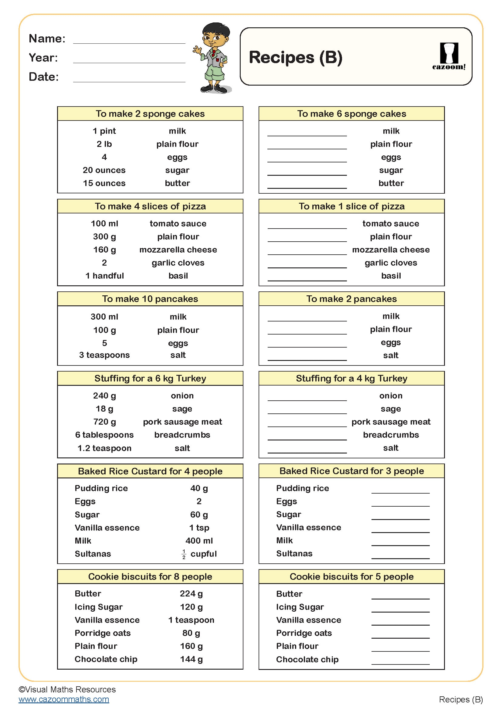 Recipes (B) Worksheet | PDF printable Number Worksheets
