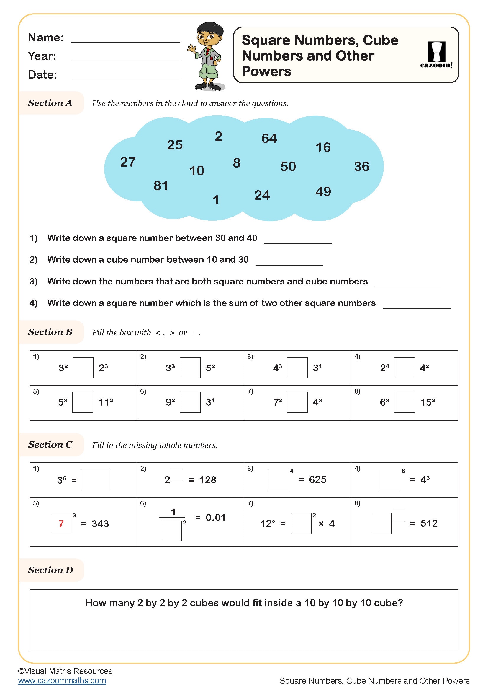 Square Numbers, Cube numbers and other Powers Worksheet | Fun and ...