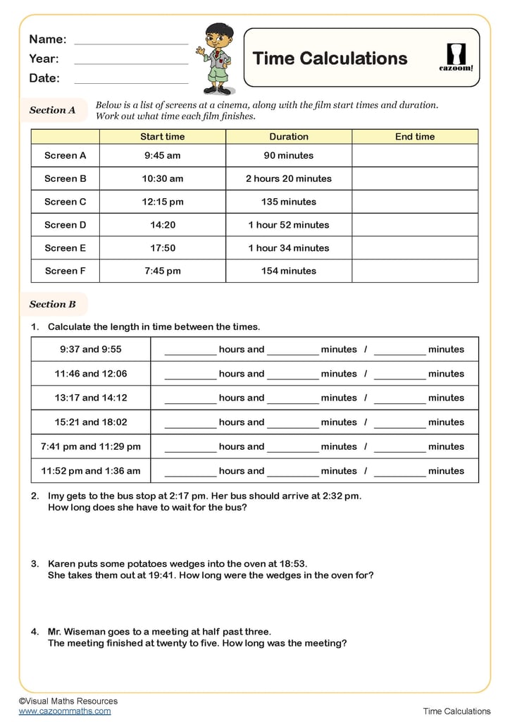 Time Calculations (A) Worksheet | Cazoom Maths Worksheets