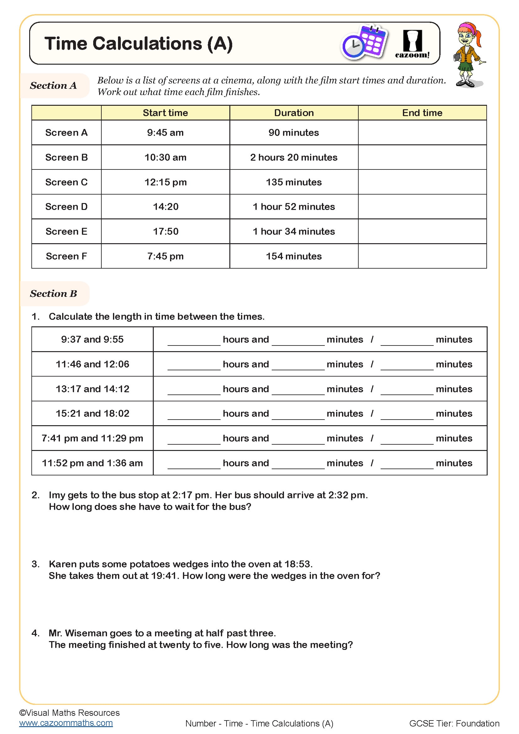 Time Calculations (A) Worksheet | Cazoom Maths Worksheets