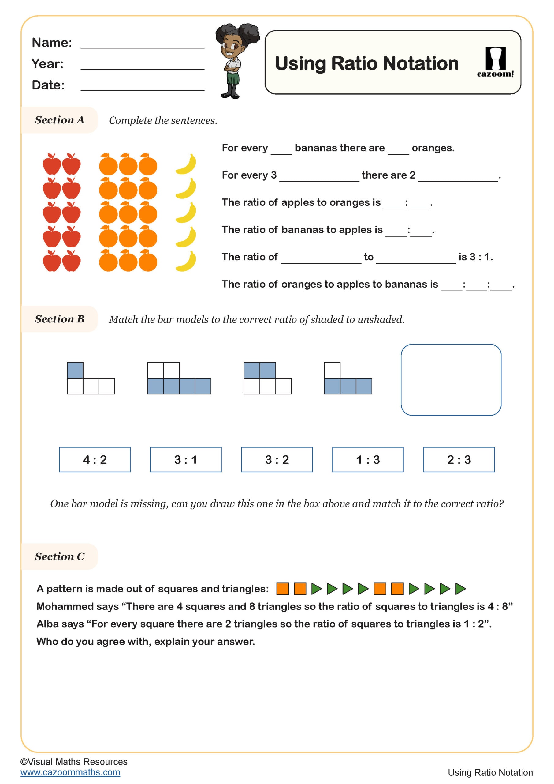 Ratio - Using Bar Models (B) Worksheet | PDF printable Number Worksheets