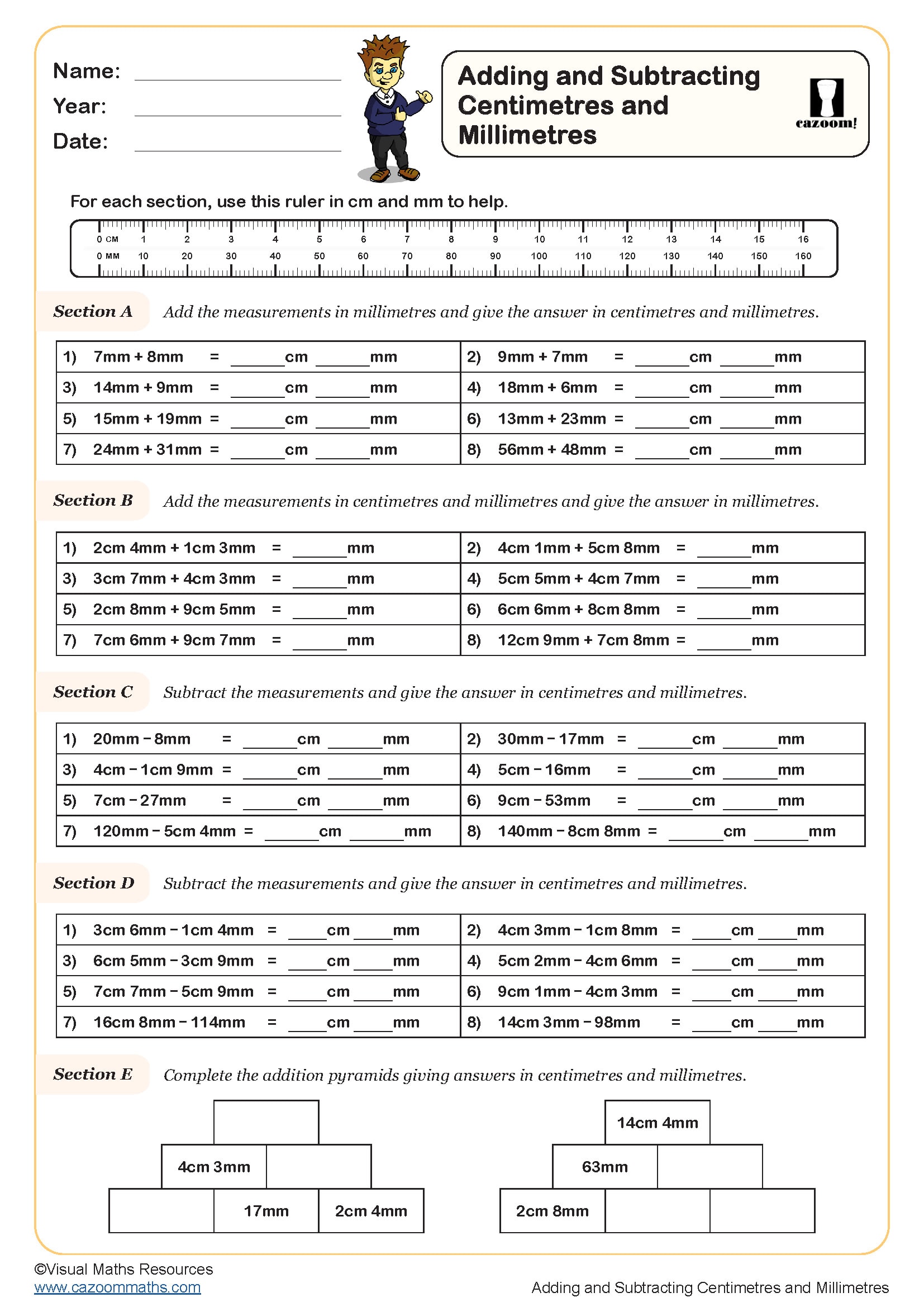Adding and Subtracting Centimetres and Millimetres Worksheet | Key ...