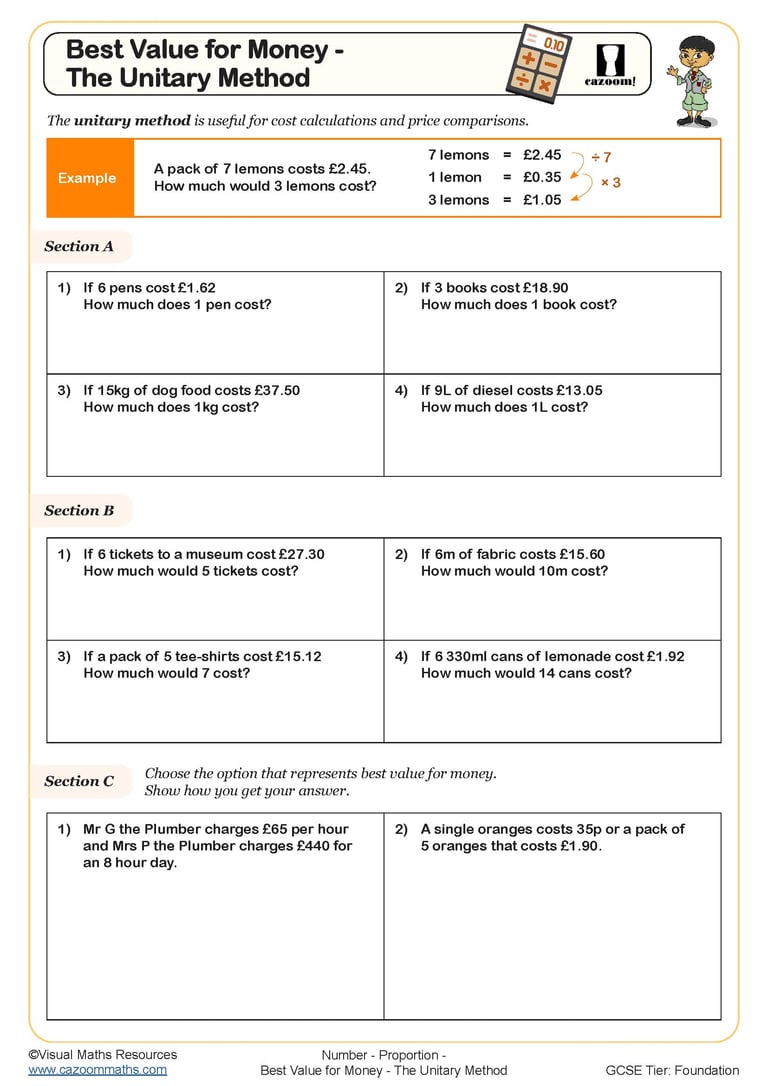 Best Value for Money - the Unitary Method Worksheet | Fun and Engaging ...