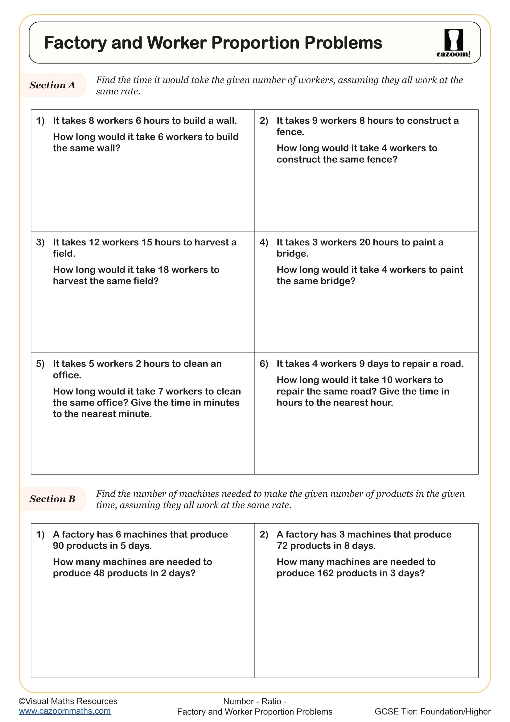 Factory and Worker Proportion Problems Worksheet | PDF Year 9 and 10 ...