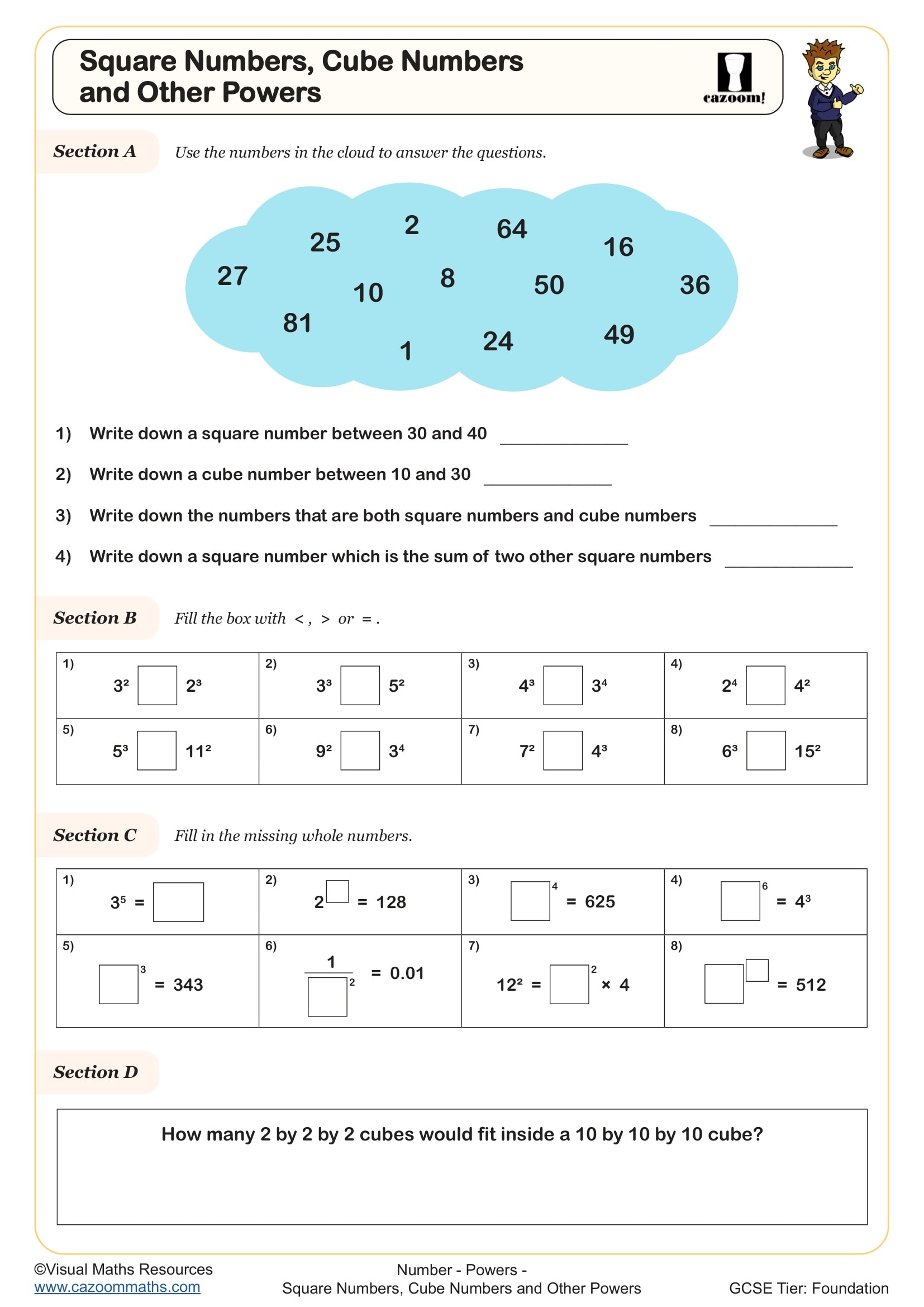 Square Numbers, Cube Numbers and Other Powers Worksheet | PDF Number ...