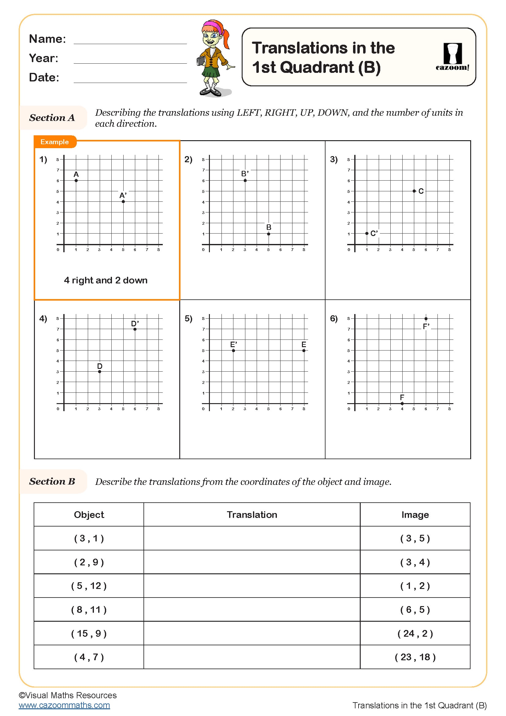 Translations in the 1st Quadrant (B) Worksheet | PDF printable Geometry ...