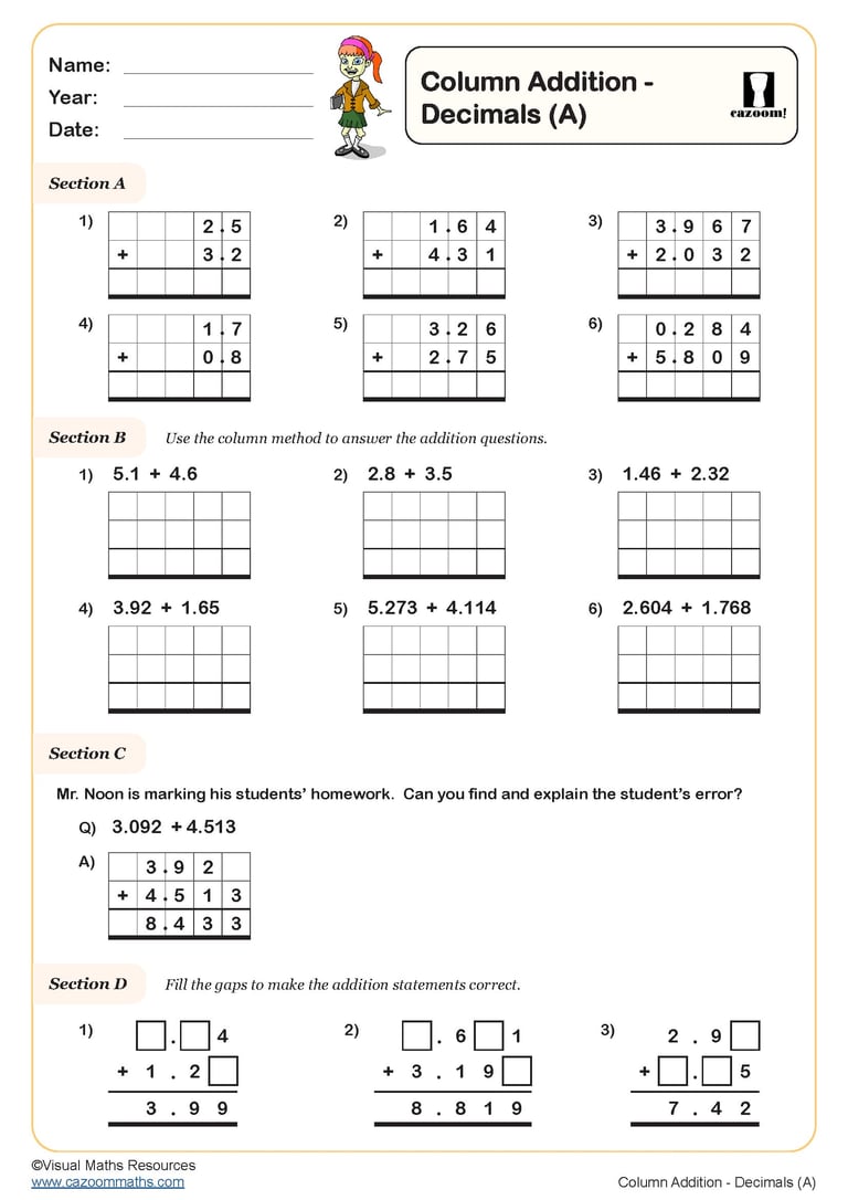 Column Addition - Decimals (A) Worksheet | Fun and Engaging Year 5 PDF ...