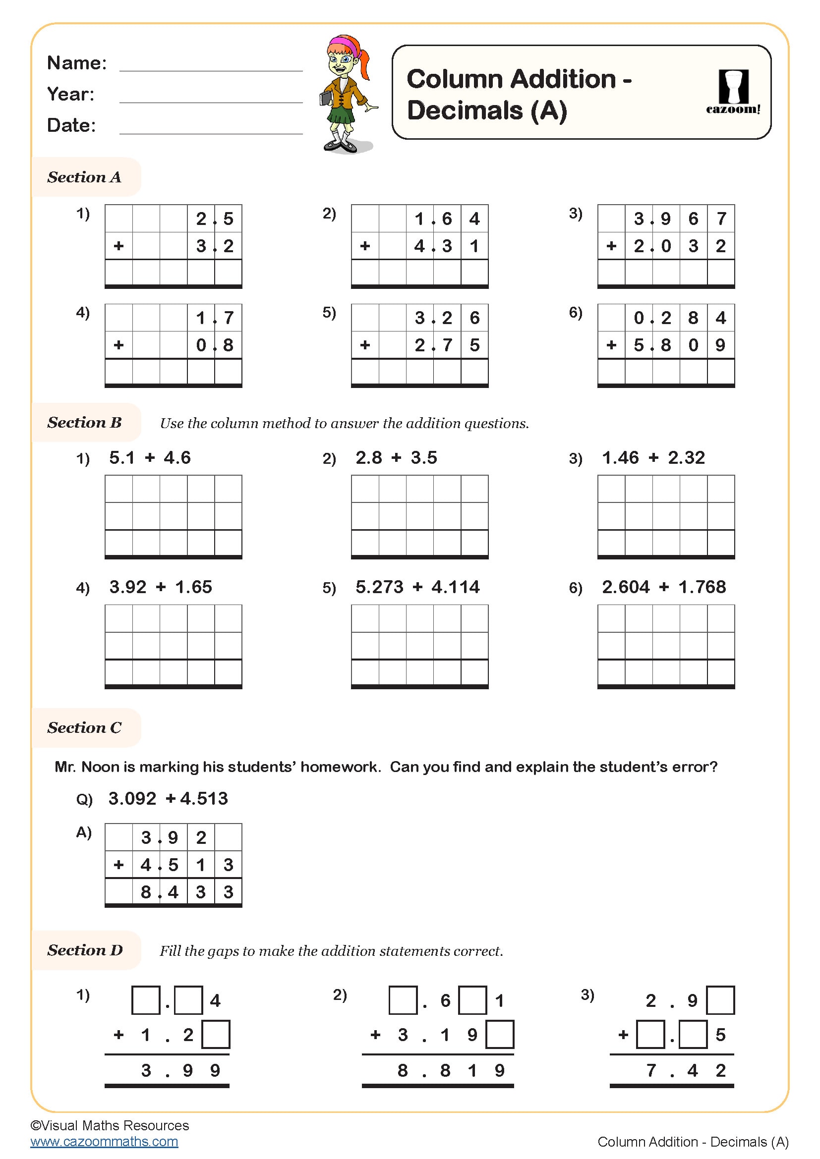 Column Addition - Decimals (B) Worksheet | Key Stage 2 PDF Number ...