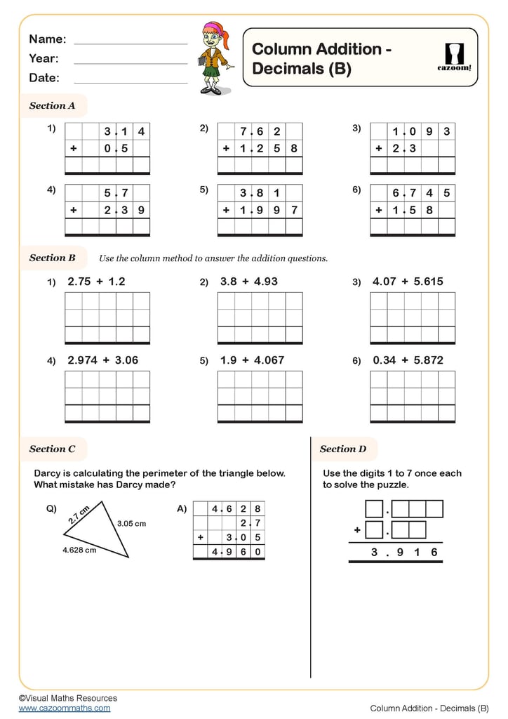 Column Addition - Decimals (B) Worksheet | Key Stage 2 PDF Number ...