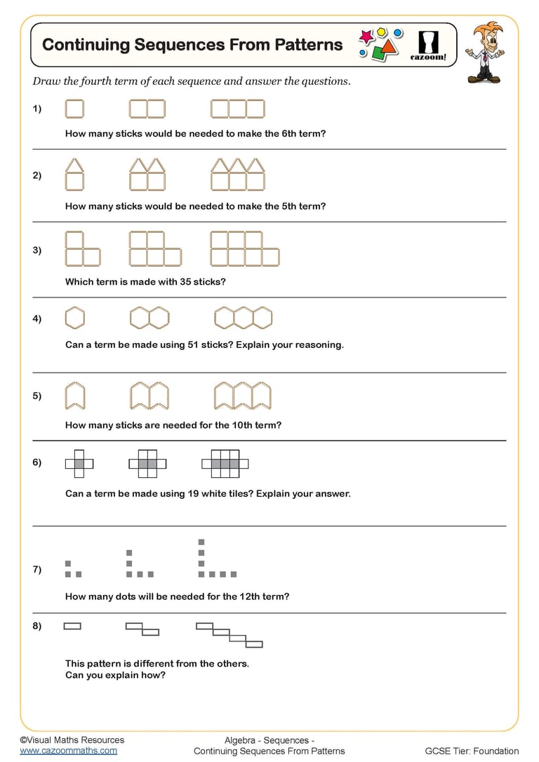 Continuing Sequecnes from Patterns Worksheet | Fun and Engaging PDF ...