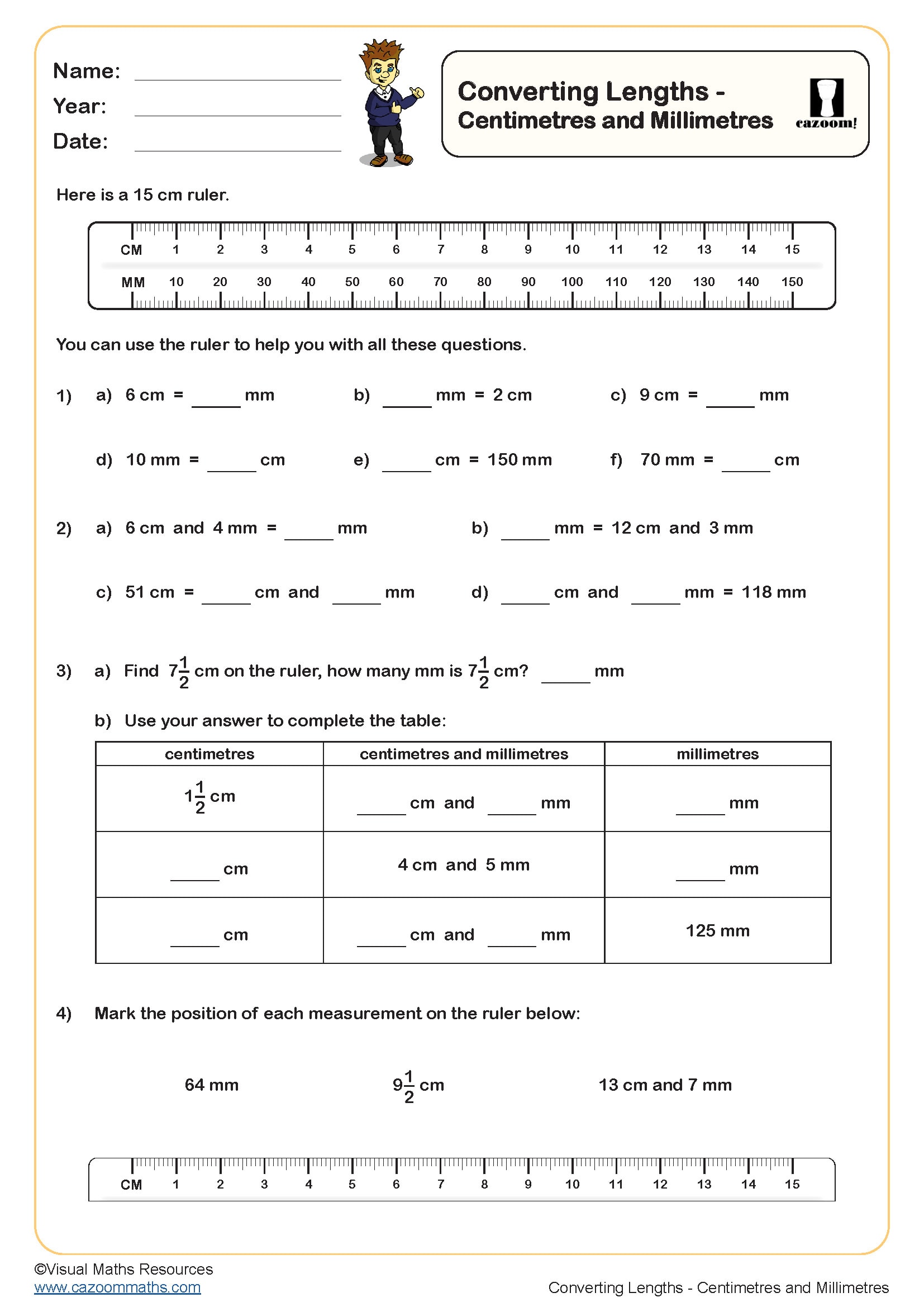 Converting Lengths - Centimetres and Millimetres Worksheet | Key Stage ...
