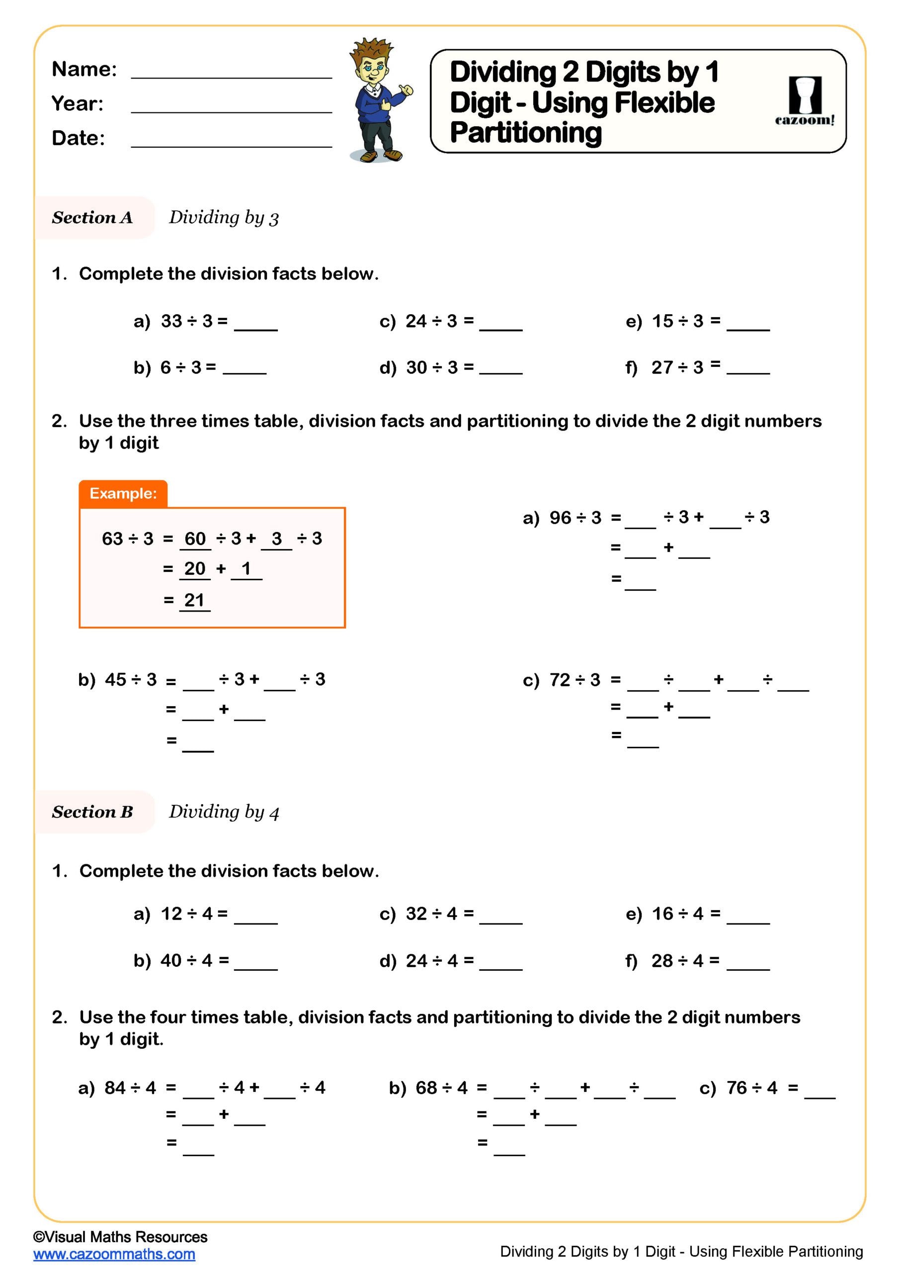 Dividing 2 Digits by 1 Digit - Using Flexible Partitioning Worksheet ...