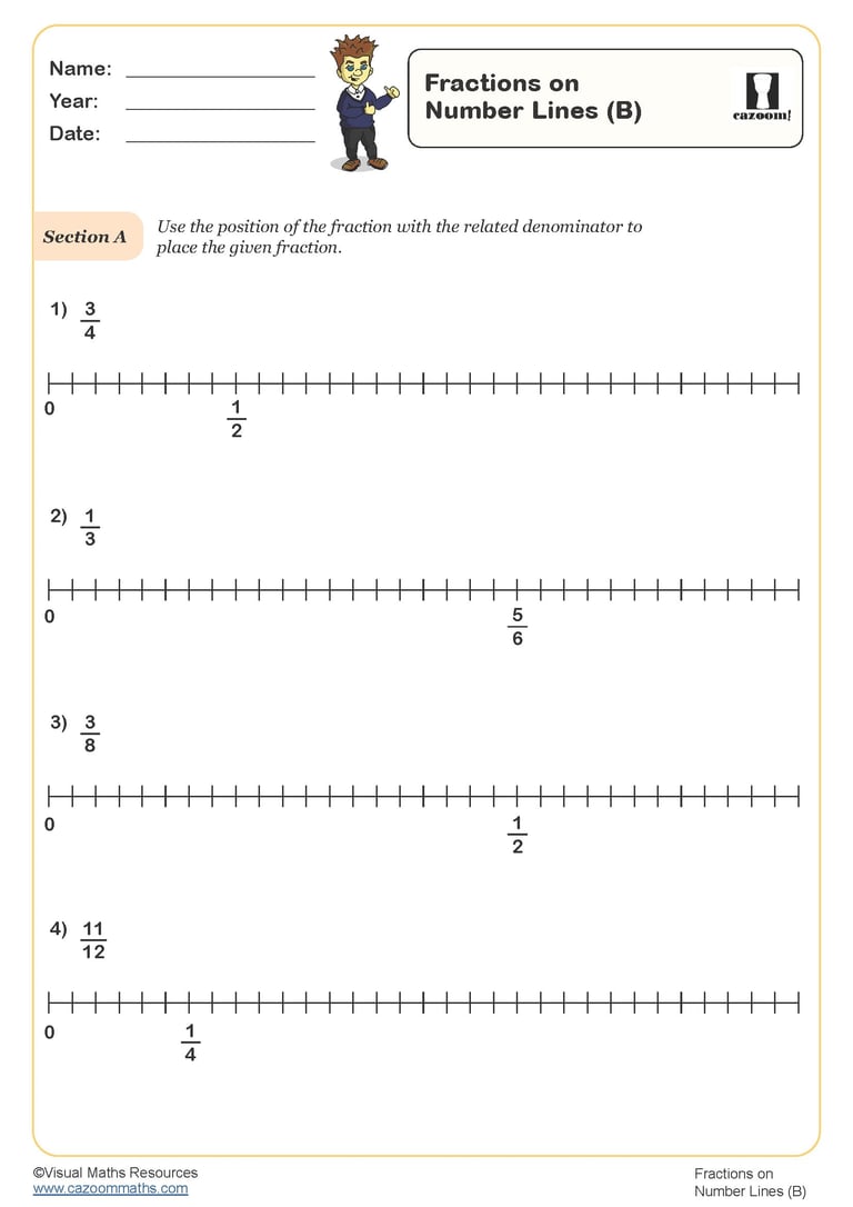 Fractions on Number Lines (A) Worksheet | PDF printable Number Worksheets