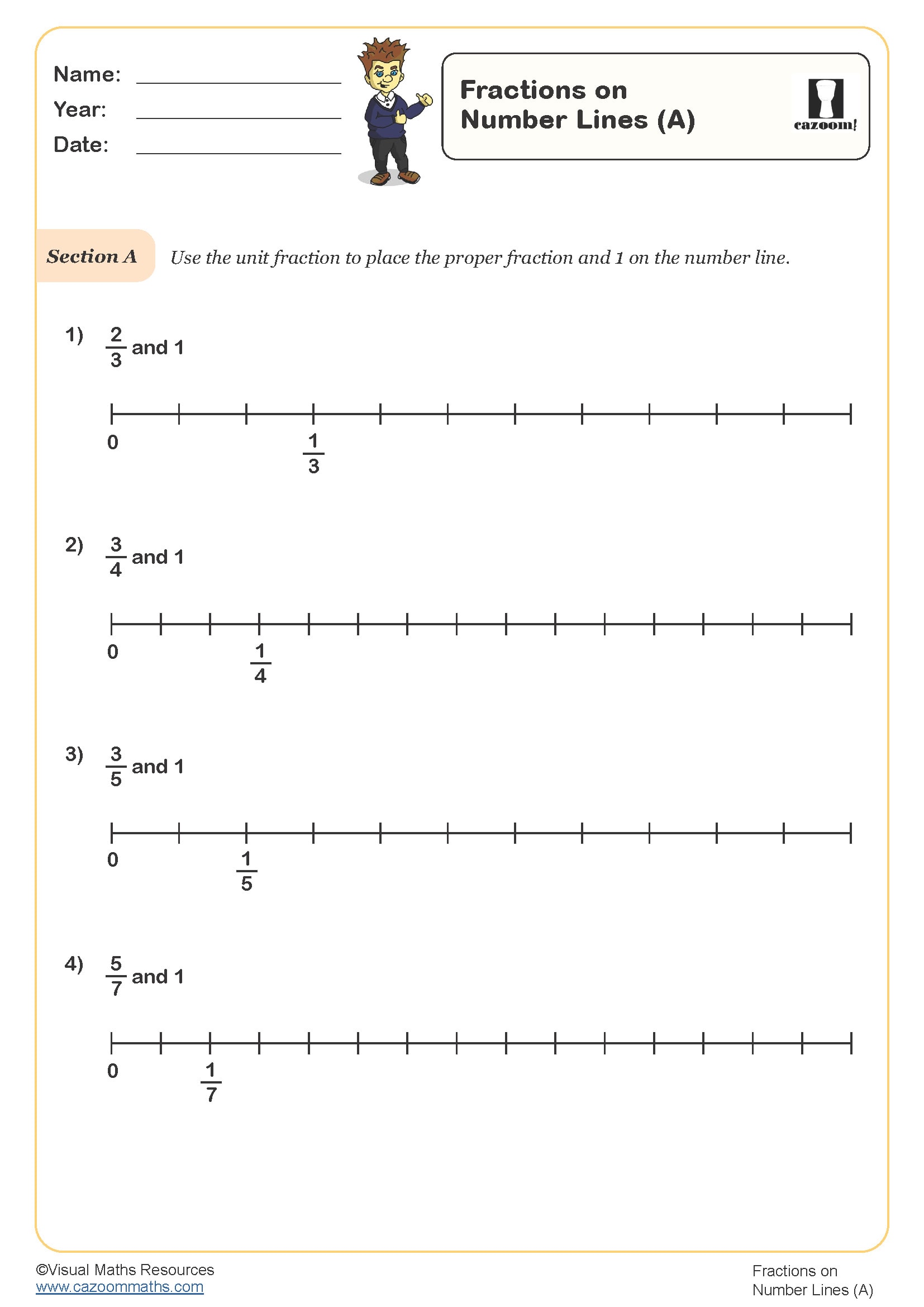Fractions on Number Lines (A) Worksheet | PDF printable Number Worksheets