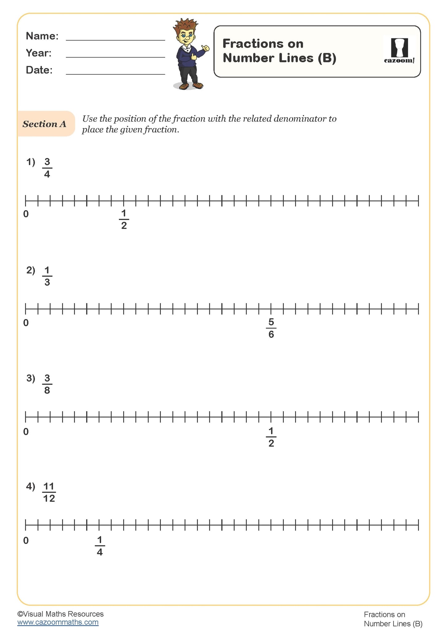 Fractions on Number Lines (B) Worksheet | Fun and Engaging Year 6 PDF ...