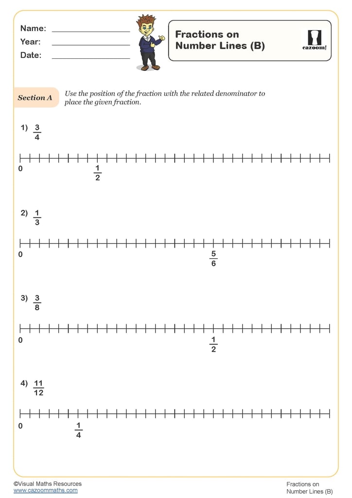 Fractions on Number Lines (B) Worksheet | Fun and Engaging Year 6 PDF ...