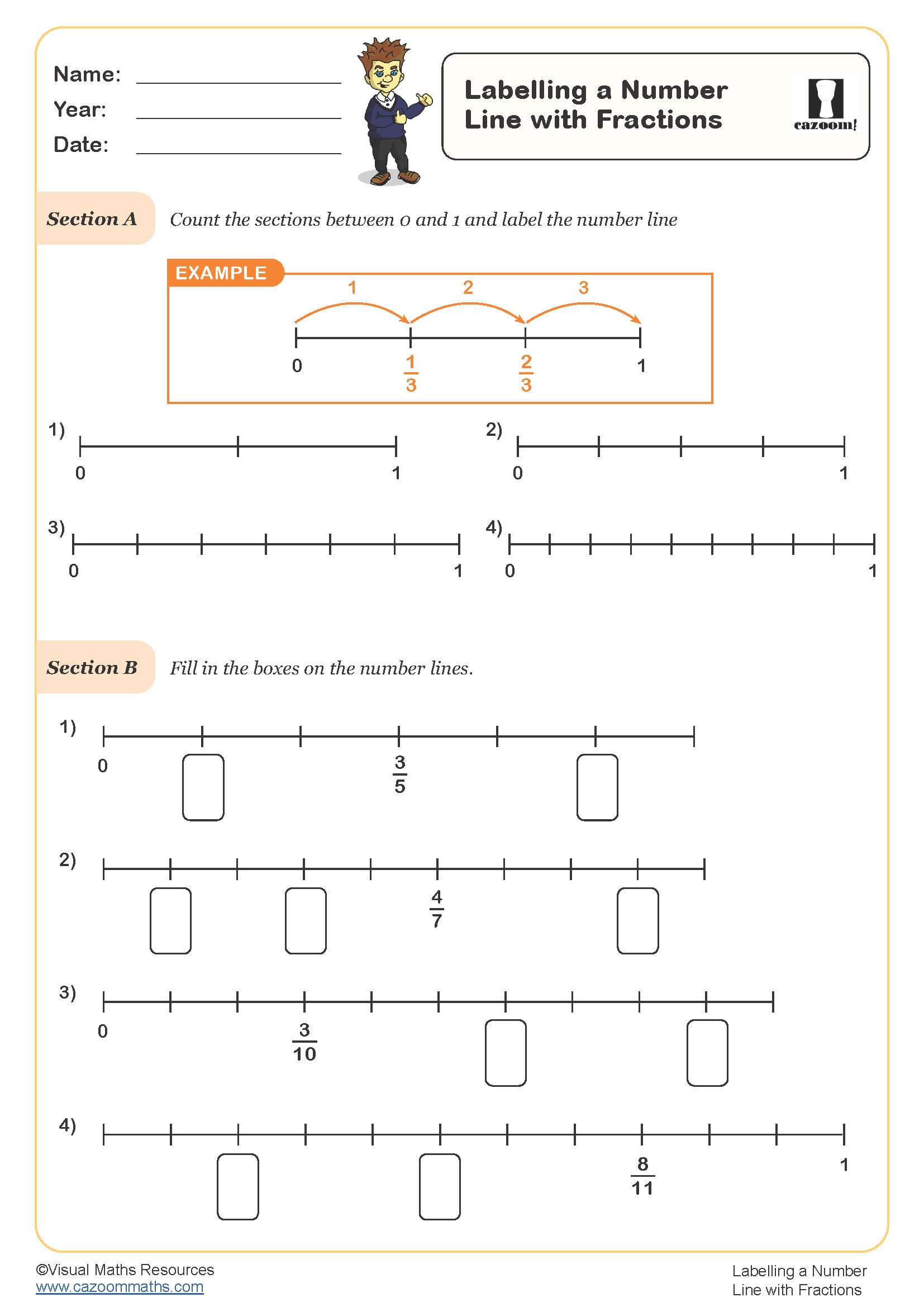 Labelling a Number Line with Fractions Worksheet | PDF printable Number Worksheets