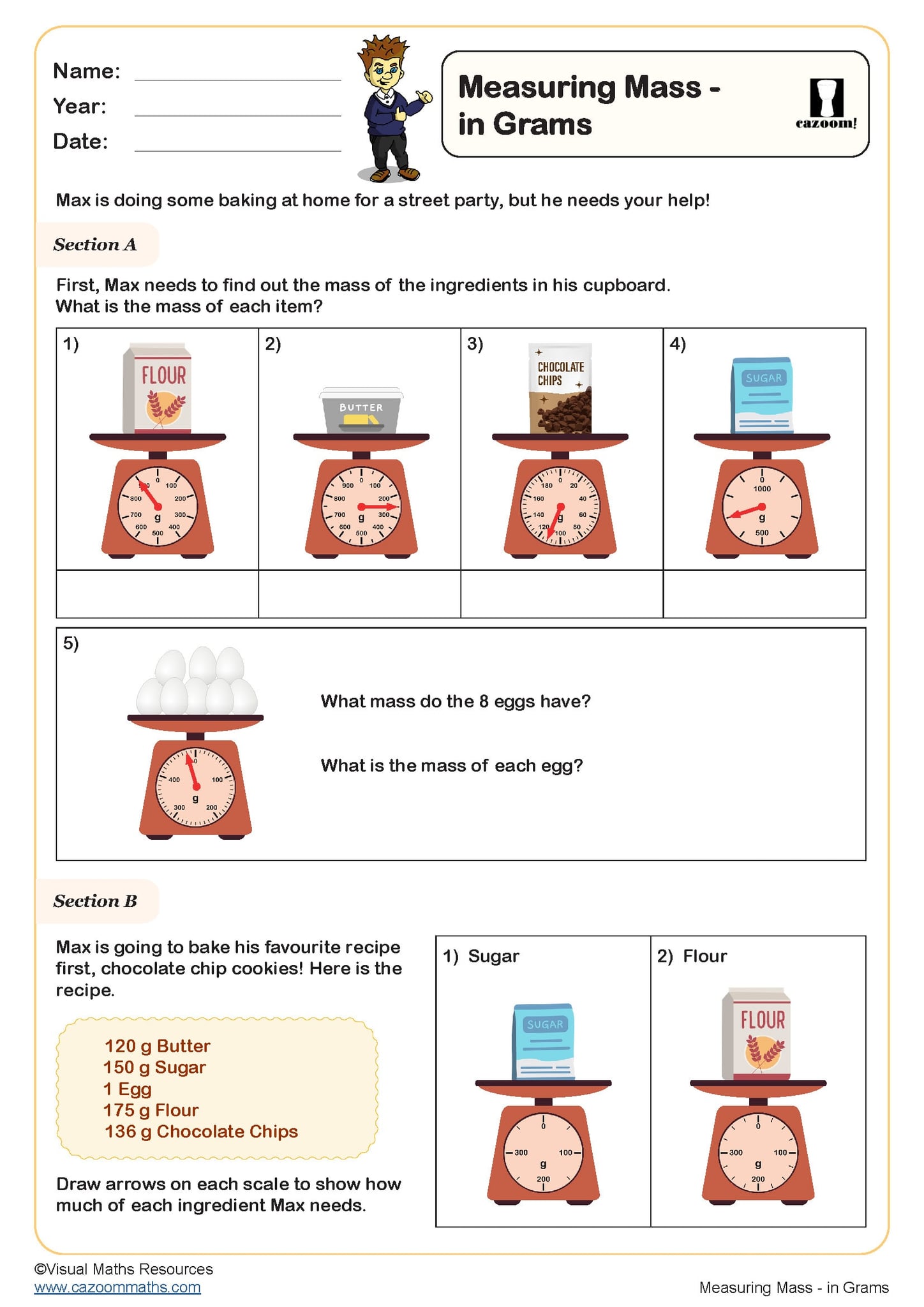Measure Mass - in Grams Worksheet | PDF printable Measurement Worksheets