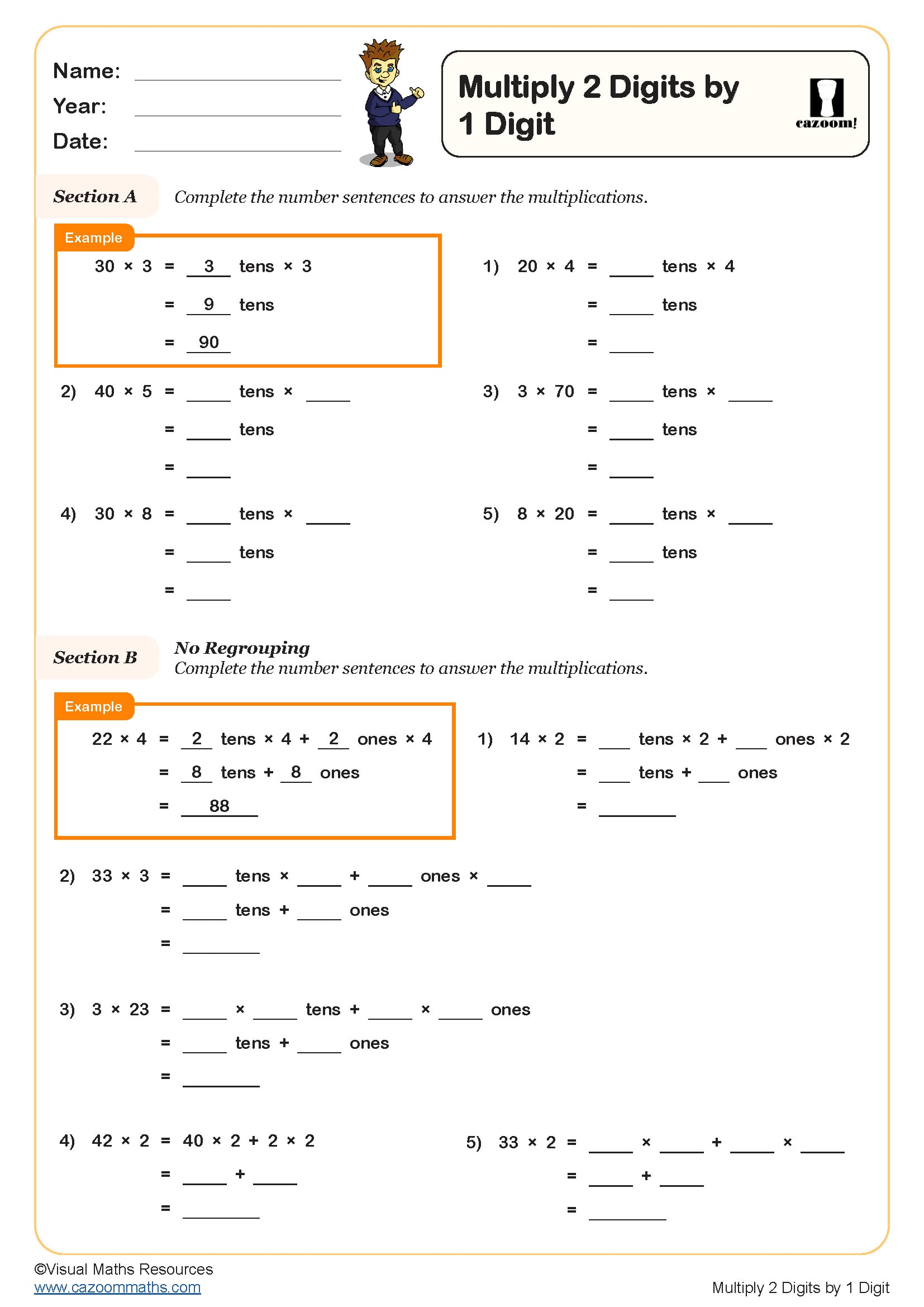 Multiply 2 Digits by 1 Digit Worksheet | PDF printable Number Worksheets