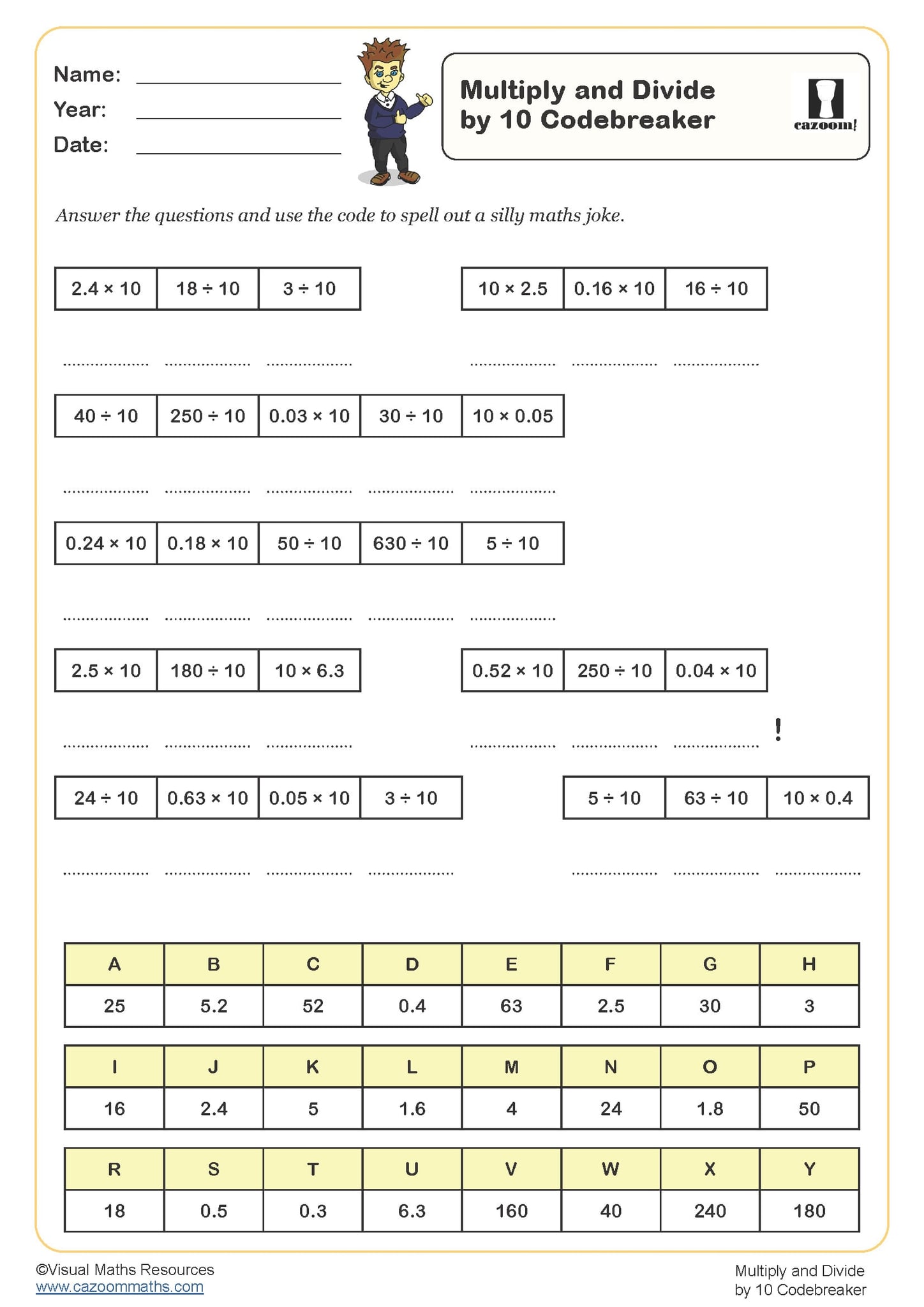 Multiply and Divide by 10 Codebreaker Worksheet | Key Stage 2 PDF ...