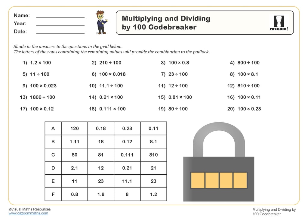 Multiply and Divide by 100 Codebreaker Worksheet | PDF printable Number ...