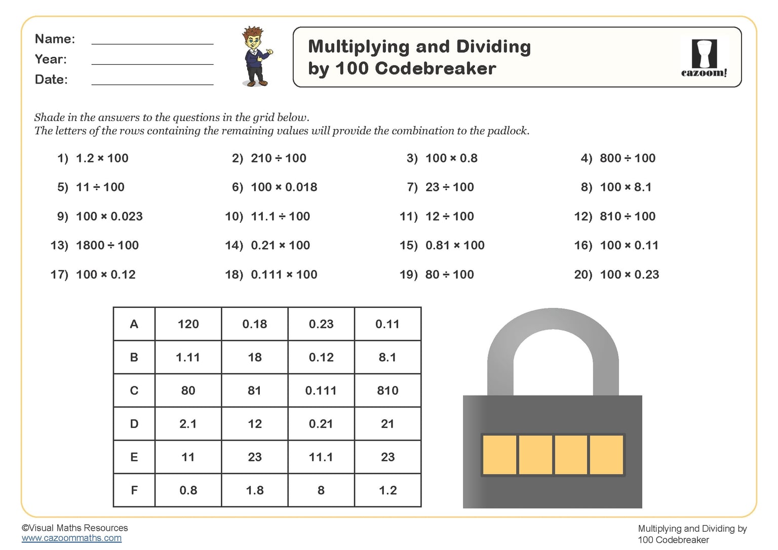 Multiply and Divide by 100 Codebreaker Worksheet | PDF printable Number Worksheets